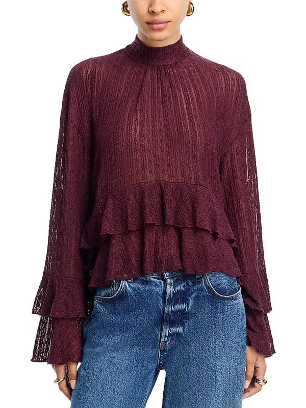Aqua Ruffled Mock Neck Top - Chocolate
