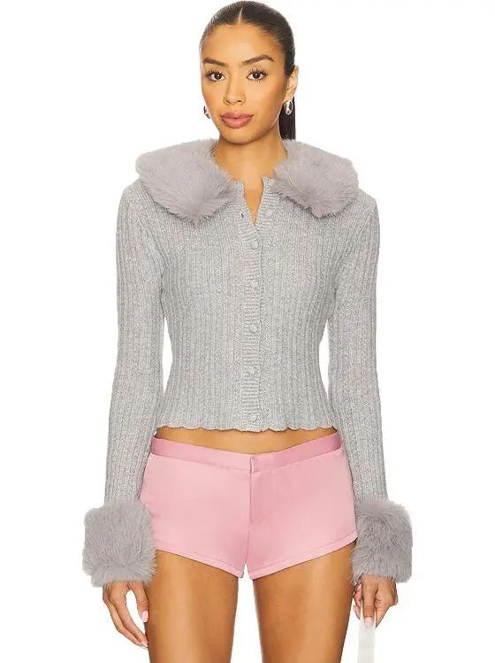 GUIZIO X Heart Faux Fur Knit Cardigan - Heather Grey