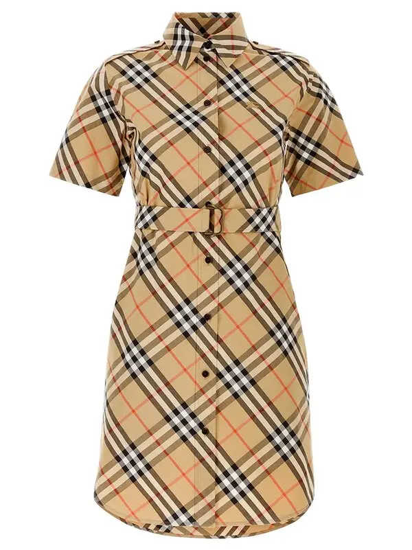 Burberry Chemisier Cotton Shirt Dress With Check Print - Beige