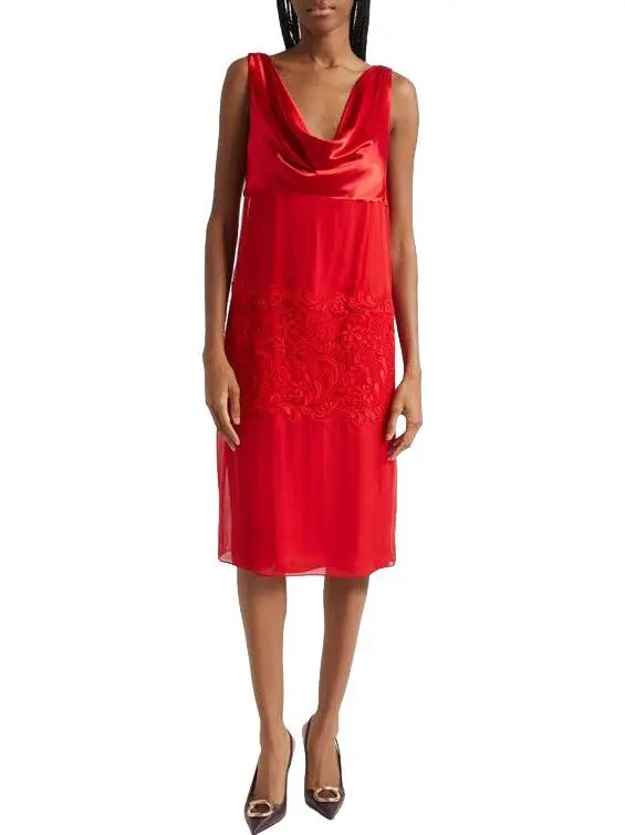 FERRAGAMO Lace Trim Cowl Neck Shift Dress - New Red