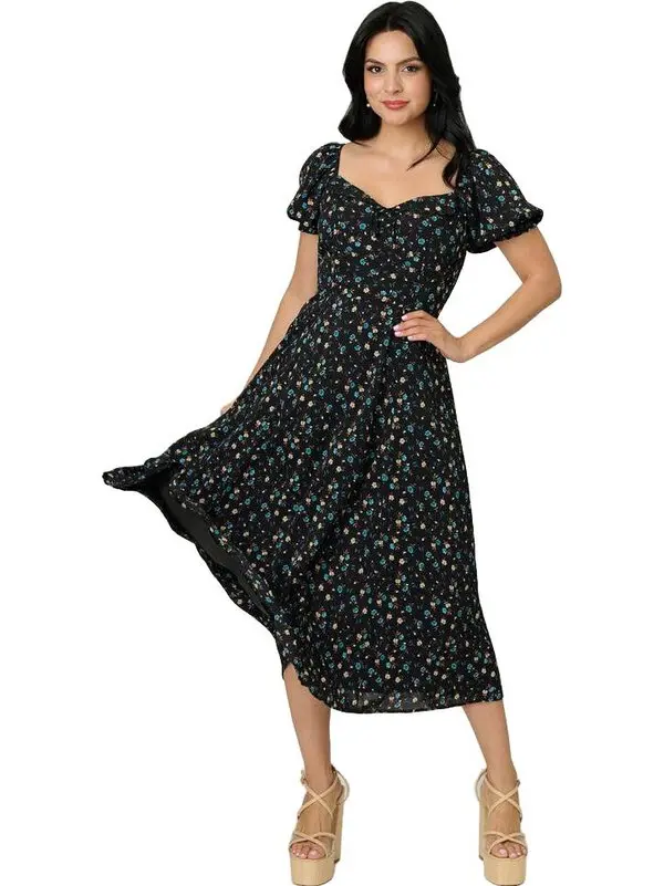 Unique Vintage Polka Dot Puff Sleeve Midi Dress - Black & Blue Floral
