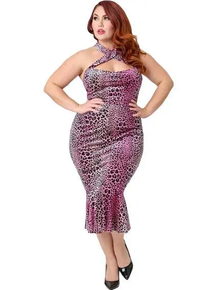 Unique Vintage Penelope Wiggle Dress - Pink Leopard