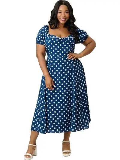 Unique Vintage Polka Dot Puff Sleeve Midi Dress - Navy/white