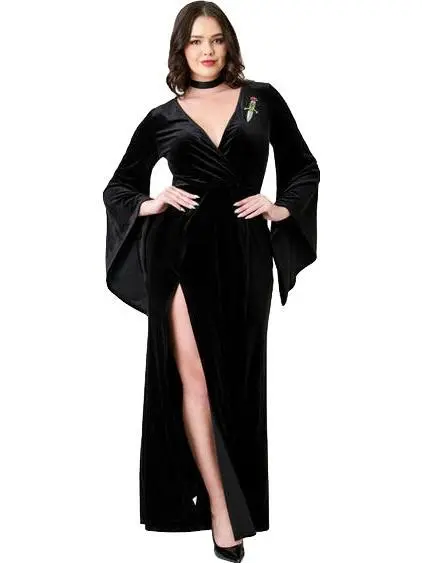 Unique Vintage Velvet Maxi Dress With Embroidery And Slit - Black