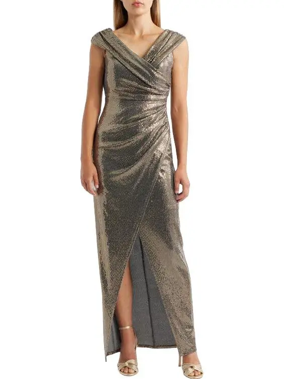 Vince Camuto Foil Knit Draped Off-the-shoulder Sheath Gown - Bronze