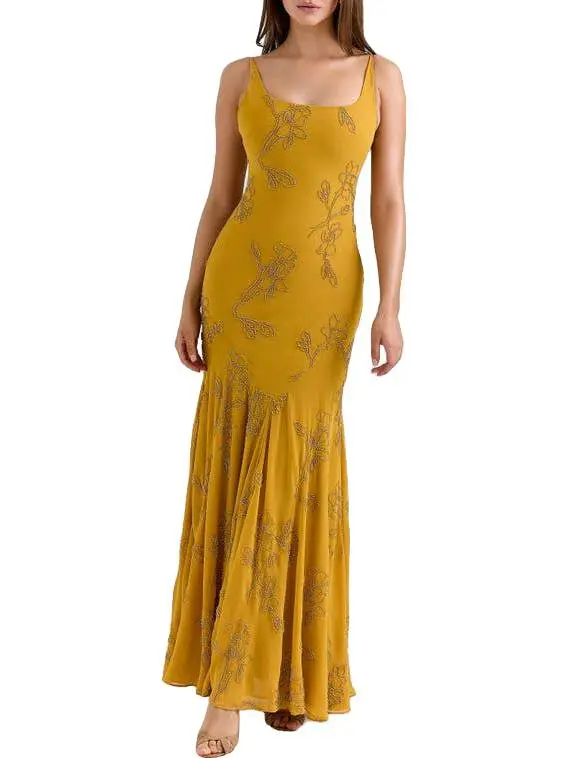 House Of Cb Rosalia Beaded Georgette Gown - Gold