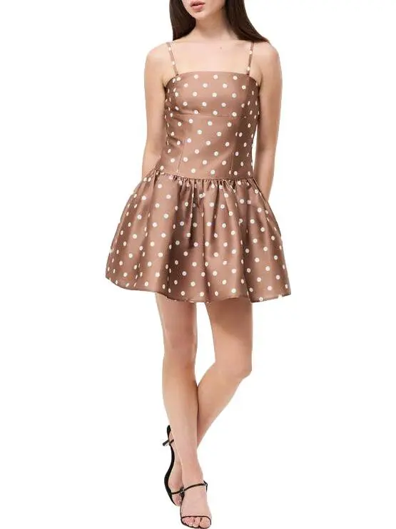 French Connection Polka Dot Taffeta Fit & Flare Minidress - Cafe Brown Porcelain Cream