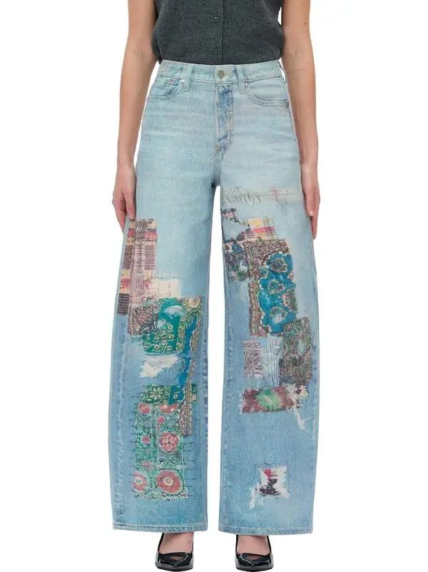 BAYEAS Printed High-waist Barrel Leg Jeans - Light Blue