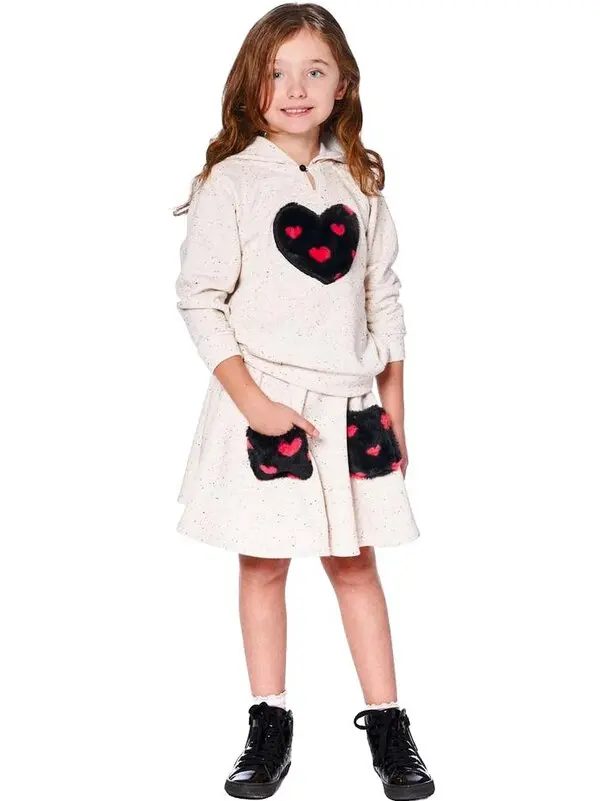 DEUX PAR DEUX Glittering French Terry Hoodie With Faux Fur Heart Applique - Beige And Black