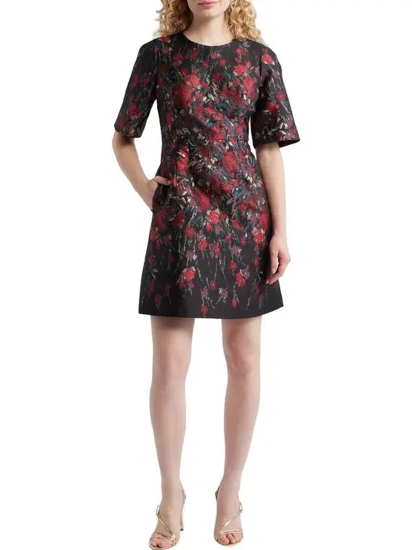 Vince Camuto Metallic Floral Jacquard Fit & Flare Dress - Red