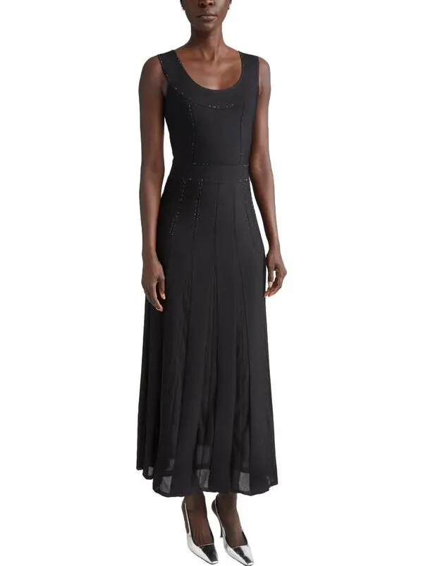 St. John Crystal Embellished Pleated Piqué Gown - Black