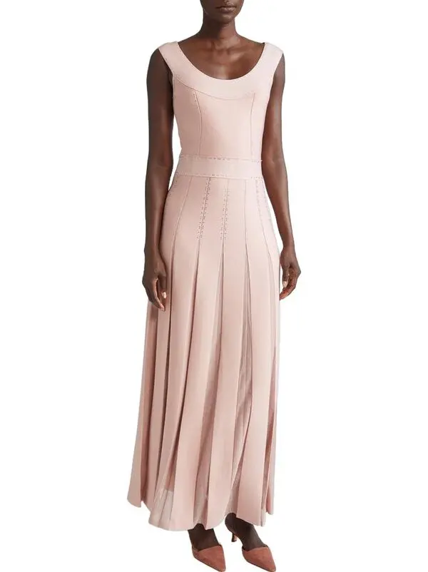 St. John Crystal Embellished Pleated Piqué Gown - Rose Quartz