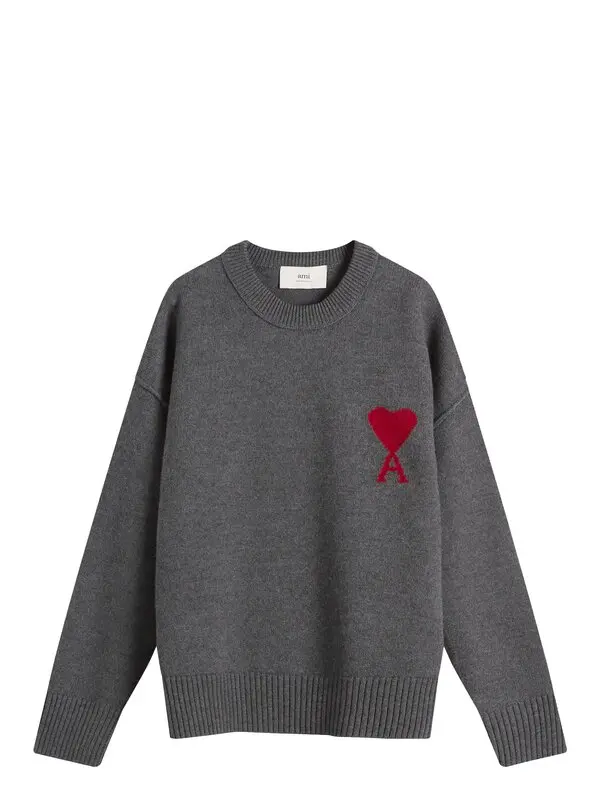 Ami Felted Merino Wool Knit Adc Crew Neck Jumper - Gris Chine/rouge