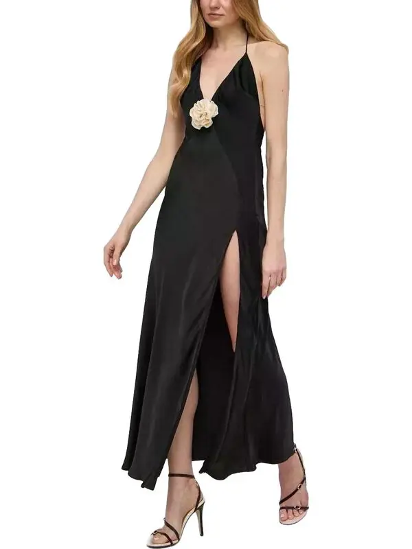 Bardot Halter-neck Flower-embellished Maxi Dress - Black