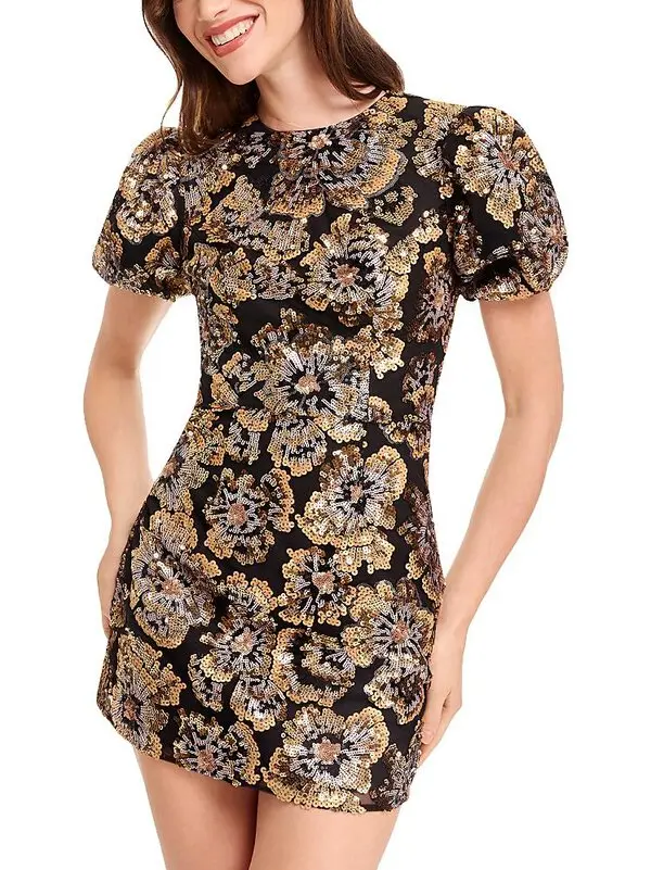 Dress The Population Sequin Floral Puff Sleeve Dress - Gold Multi