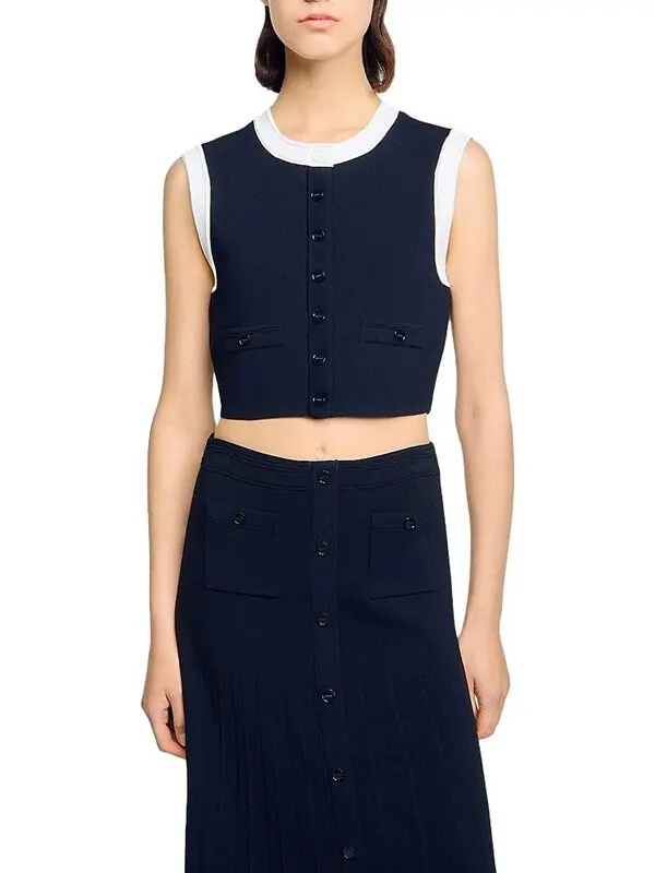 Sandro Two Tone Cropped Sleeveless Cardigan - Navy Blue