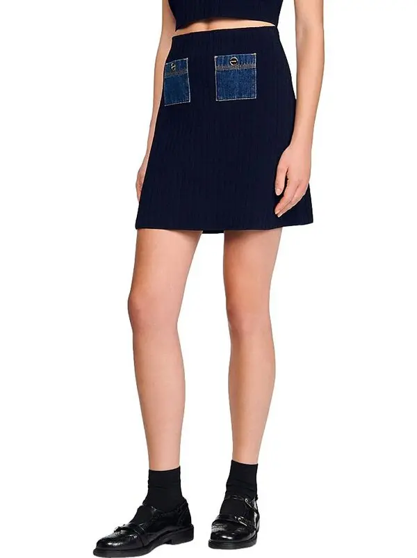 Sandro Mini Knit And Denim Skirt - Navy Blue