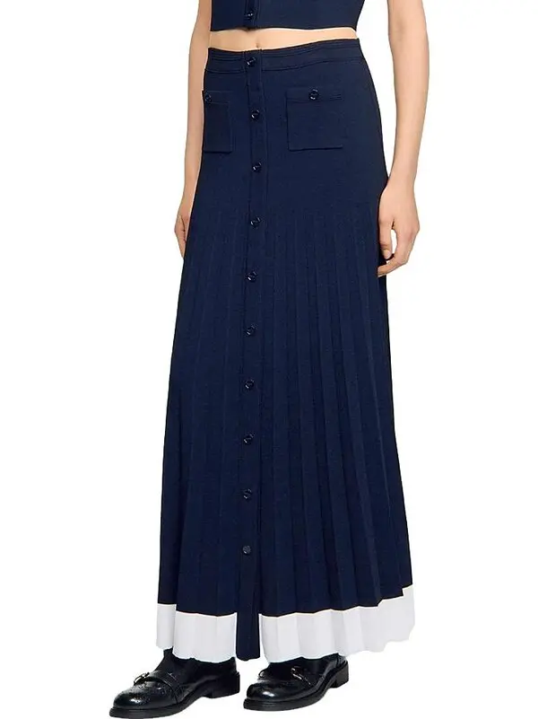 Sandro Long Two Tone Knit Skirt - Navy Blue