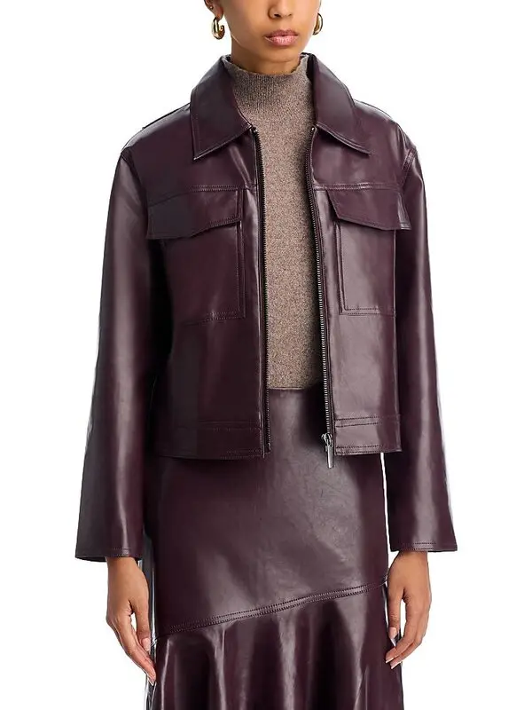 French Connection Faux Leather Bomber Jacket - Bordeaux