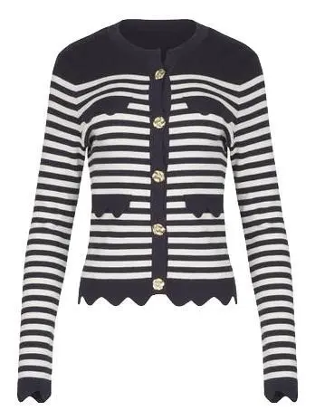 Anne Fontaine Striped Cardigan With Gold Flower Buttons - Dark Navy