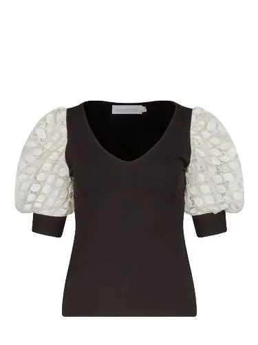 Anne Fontaine Brook T-shirt With Lace Puff Sleeves - Black