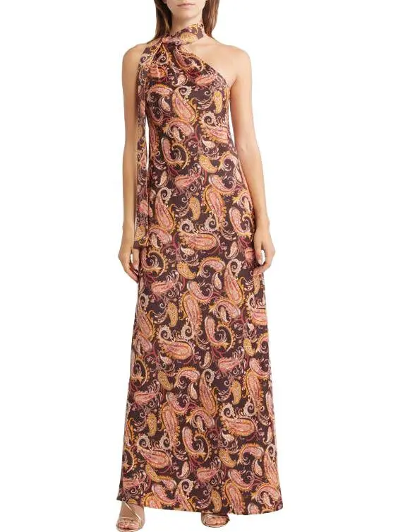 WAYF Catia Paisley One-shoulder Gown - Espresso Paisley