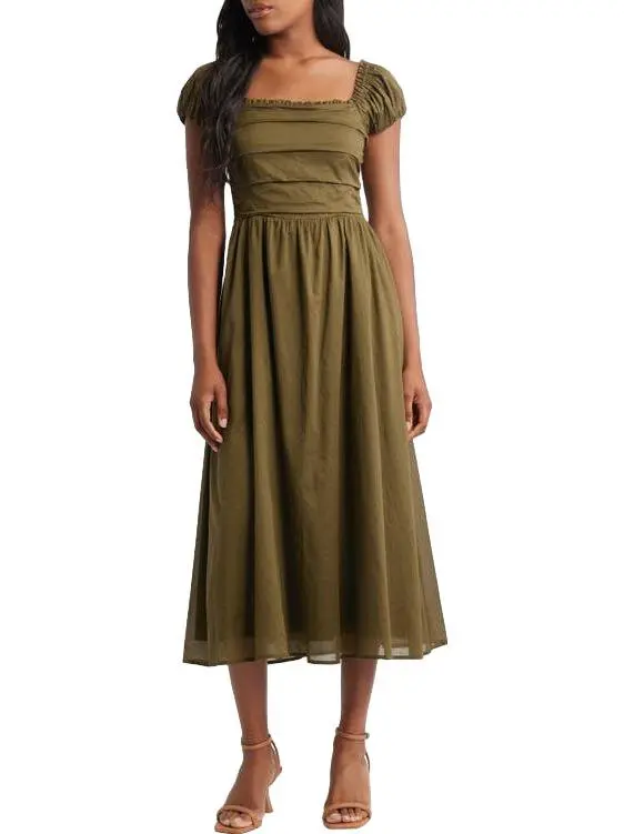 Charles Henry Gathered Bodice Cotton Midi Dress - Olive