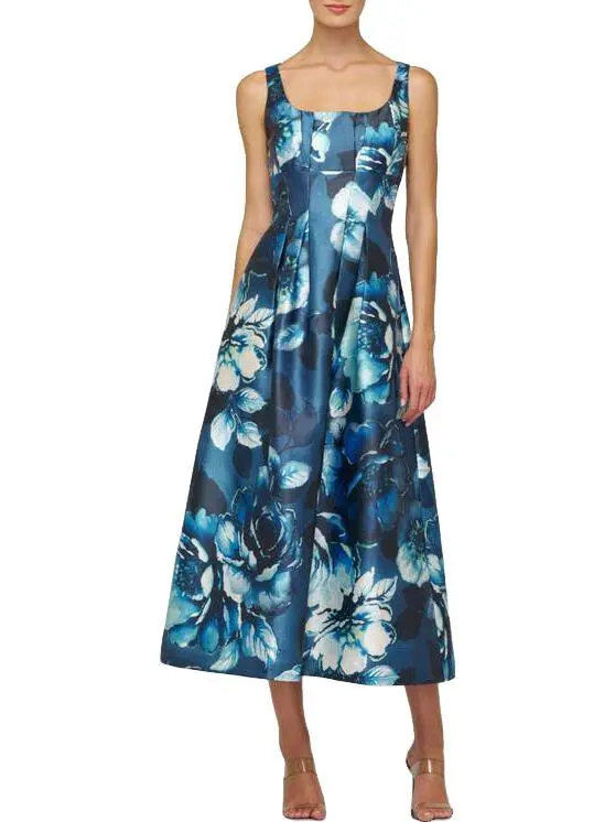 KAY UNGER Floral Mikado A-line Cocktail Dress - Dark Ink Multi