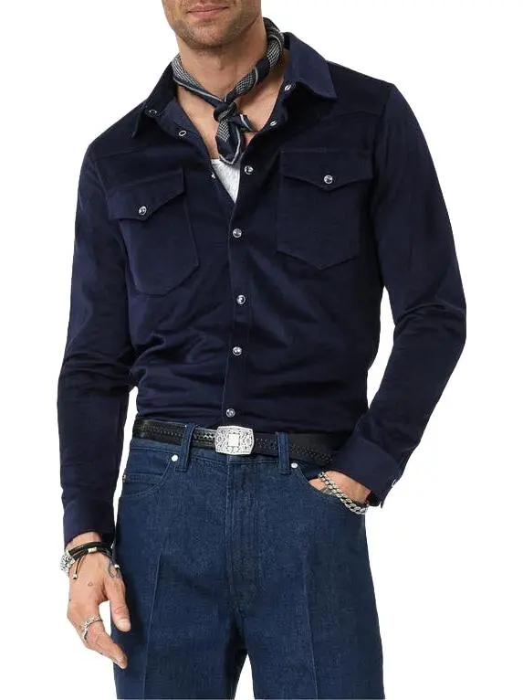 John Varvatos Andres Western Herringbone Faux Suede Snap-up Shirt - Navy