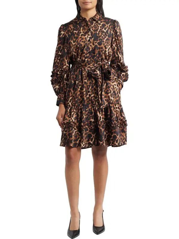 Anne Klein Leopard Print Tiered Shirtdress - Anne Black Multi