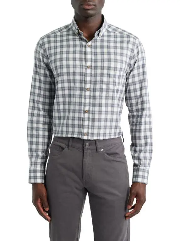 Johnston & Murphy Plaid Heathered Cotton Button-up Shirt - Navy/tan Shadow Grid