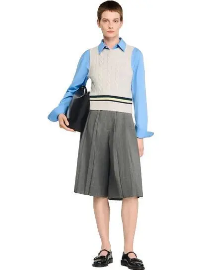 Sandro Sleeveless Cropped Cable Knit Sweater With Contrasting Stripes - Black / White / Pink / Gray