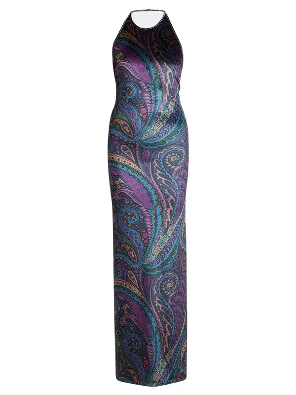 Etro Paisley Velvet Halter Gown - Blue Print 3