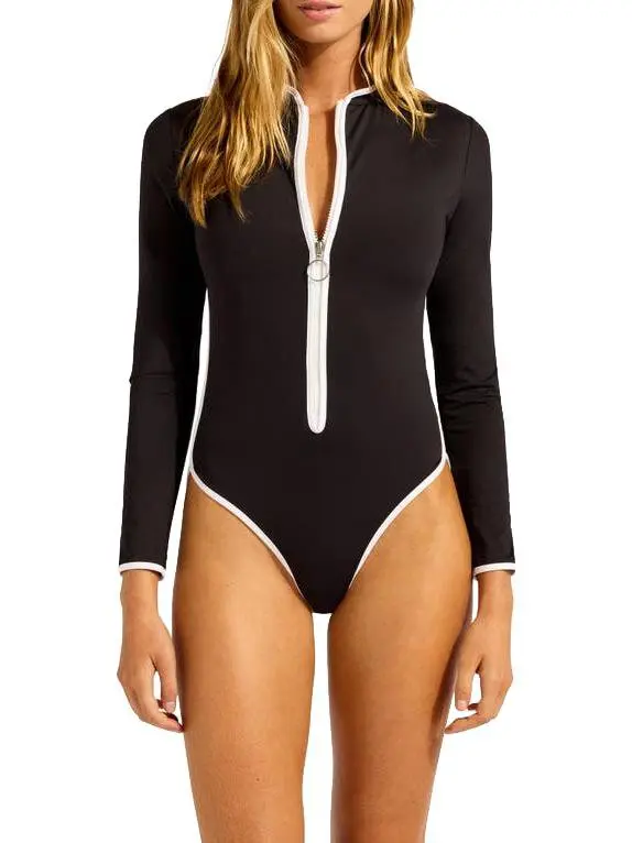 Seafolly Contrast Binding Long Sleeve One-piece Rashguard Swimsuit - Black