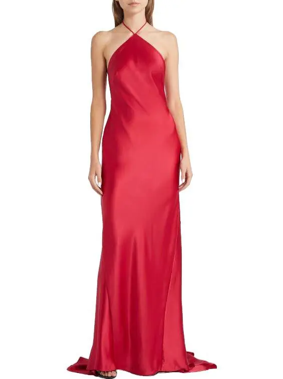 Acler Tarnacre Halter Satin Gown - Crimson