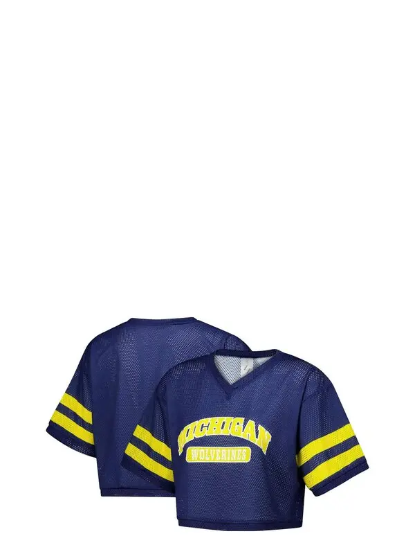 ZOOZATZ Michigan Wolverines Mesh Cropped V-neck T-shirt - Navy
