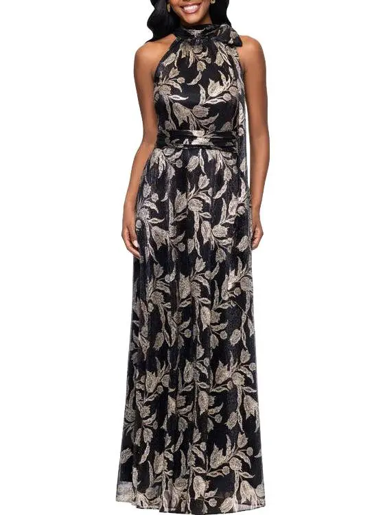 Betsy & Adam Metallic Floral Sheath Gown - Black/gold