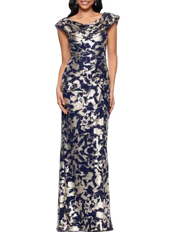 Betsy & Adam Metallic Floral Cowl Neck Sheath Gown - Navy/gold