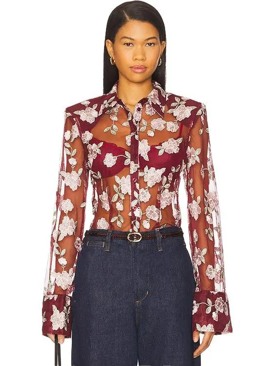 ROTATE BY BIRGER CHRISTENSEN Mesh Fitted Shirt With Floral Embroidery - Burgundy