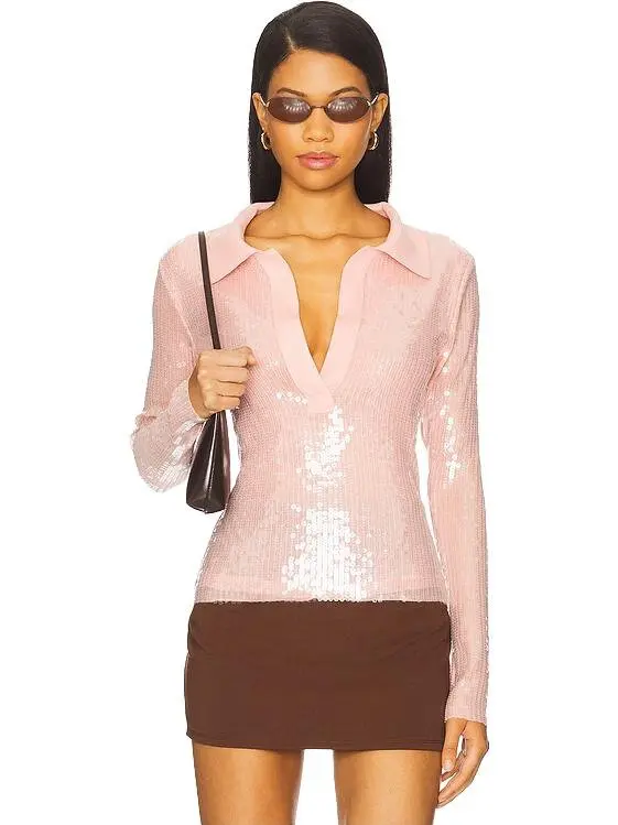 Monse Knit Collar Sequin Polo Top - Pink