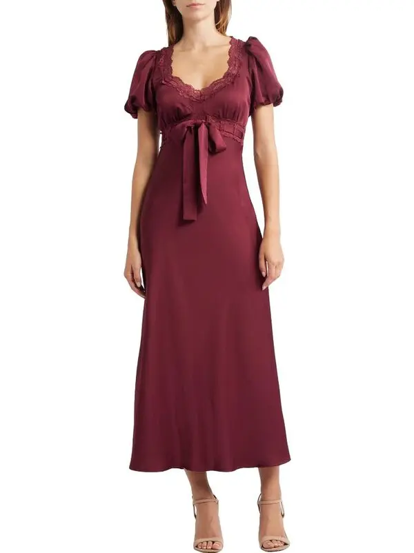 Moon River Puff Sleeve Lace Trim Maxi Dress - Oxblood
