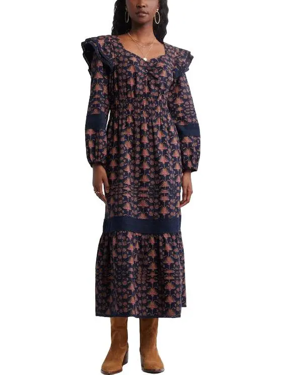 Treasure & Bond Ruffle Long Sleeve Maxi Dress - Navy- Pink Palm Geo