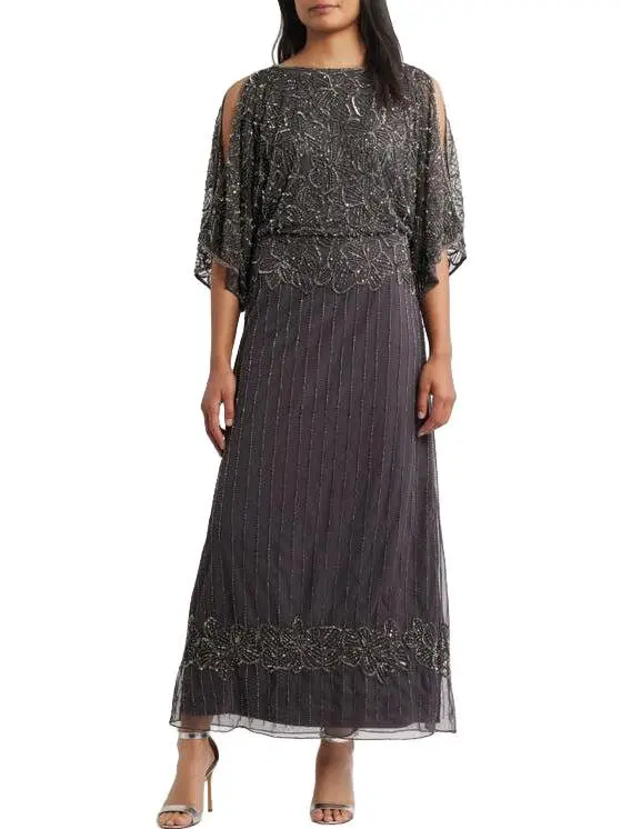 Pisarro Nights Beaded Cold Shoulder Gown - Slate