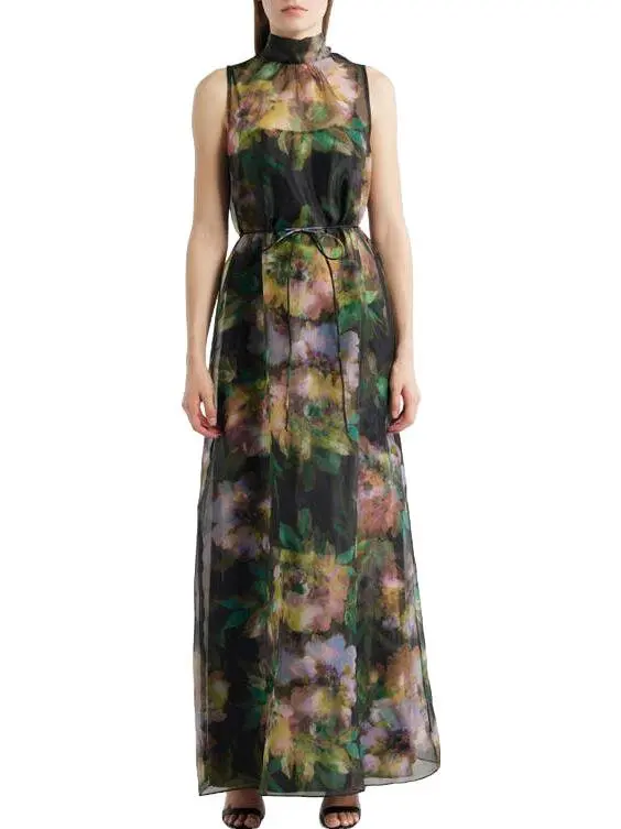 Julia Jordan Tie Neck Organza Gown - Black Multi