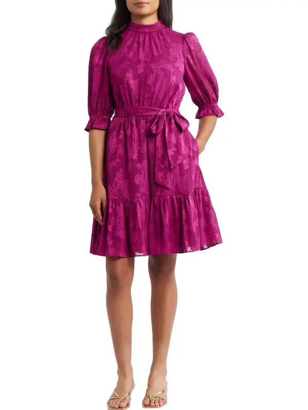 Eliza J Floral Jacquard Metallic Stripe Chiffon Dress - Fuchsia