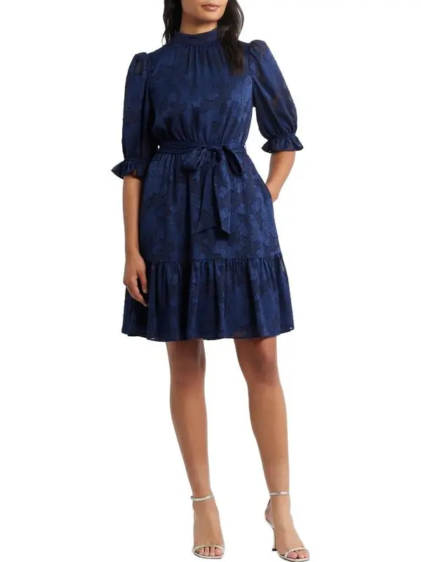 Eliza J Floral Jacquard Metallic Stripe Chiffon Dress - Navy