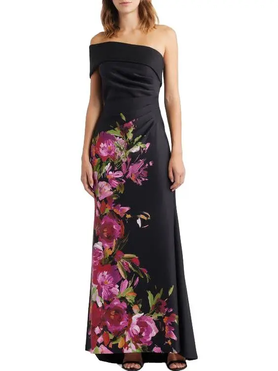 Eliza J Placed Floral One-shoulder Gown - Black Multi