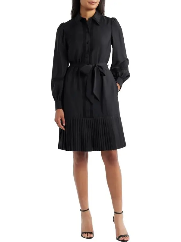 Eliza J Lace Detail Long Sleeve Pleated Shirtdress - Black