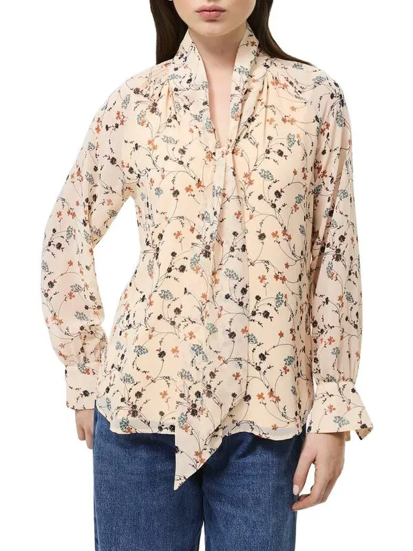 French Connection Leithia Floral Chiffon Tie Neck Top - Bisque Multi