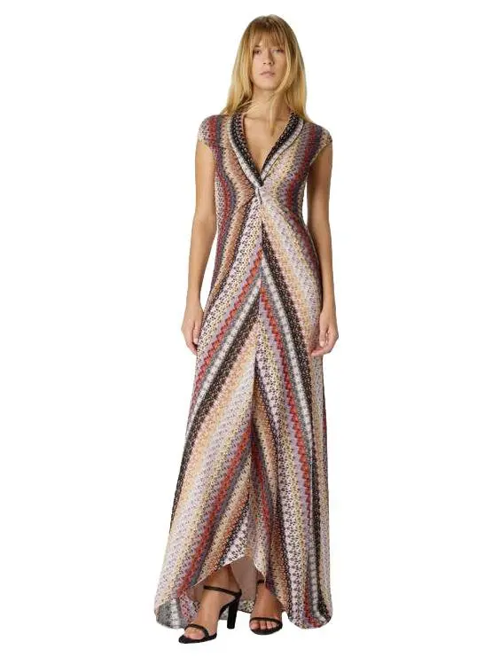 Missoni Long Dress With Knot And Neckline - Red & Blue